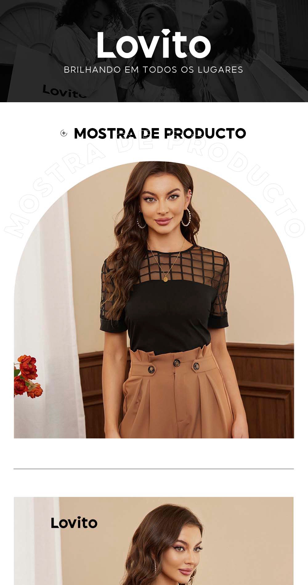 Lovito Blusa Elegante Transparente com Malha Contraste Decote Redondo Ajuste Regular para Festa ...