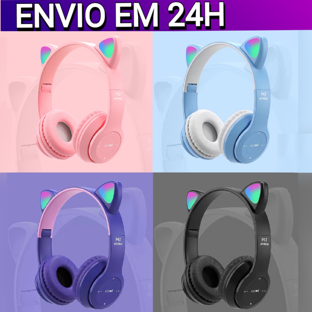 FONE DE GATINHO P47 BLUETOOTH HEADSET GAMER SEM FIO WIRELESS | Shopee ...