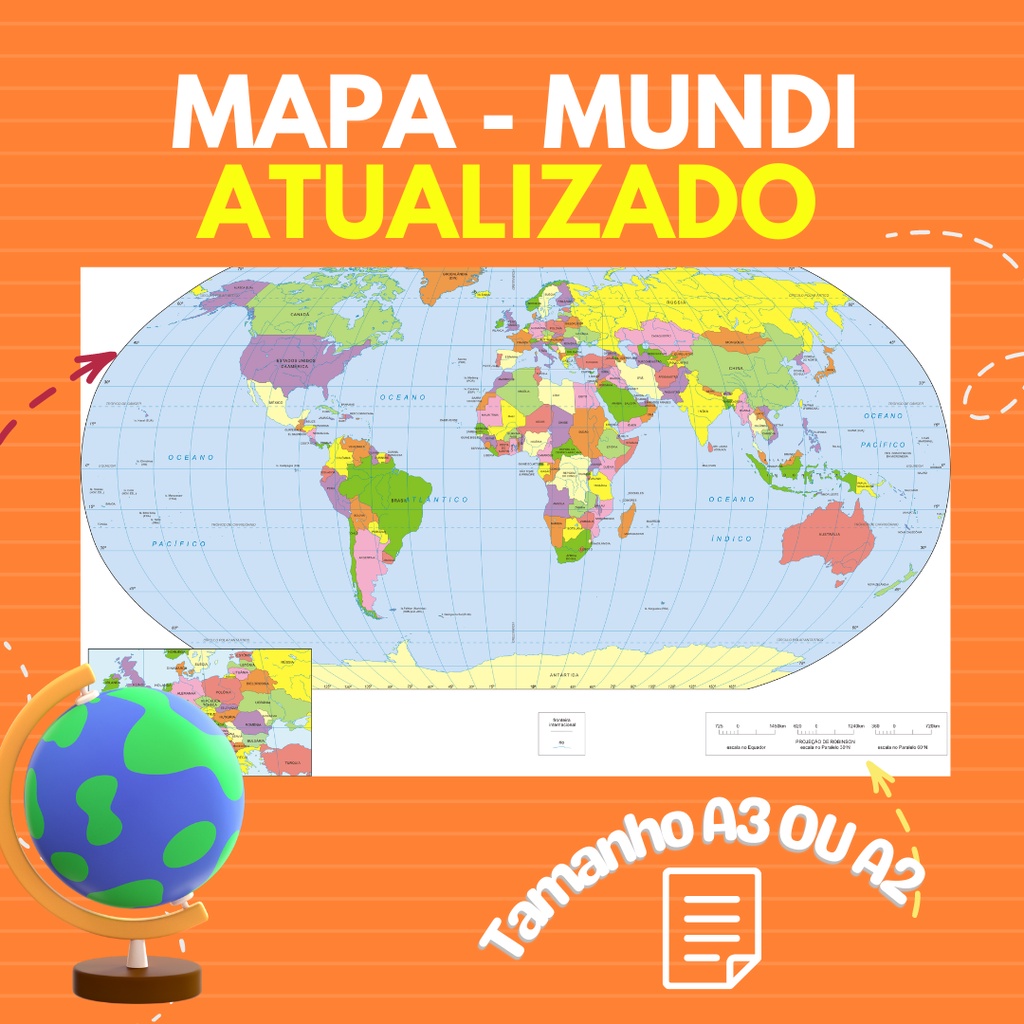 Mapa - Mundi Impresso em papel tamanho A3 | Shopee Brasil
