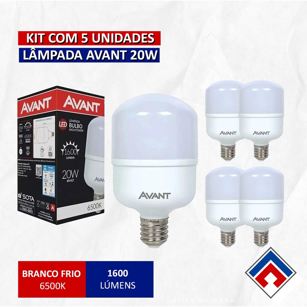 Pack 5 Lâmpadas Led 20W Branco Frio 6500k Avant | Shopee Brasil