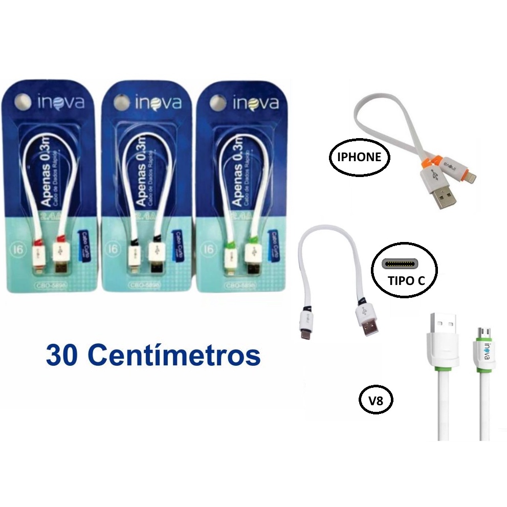Cabo De Dados Inova 30cm 3.4a Usb Cbo Branco Tipo C, V8, Ios Modelos ...