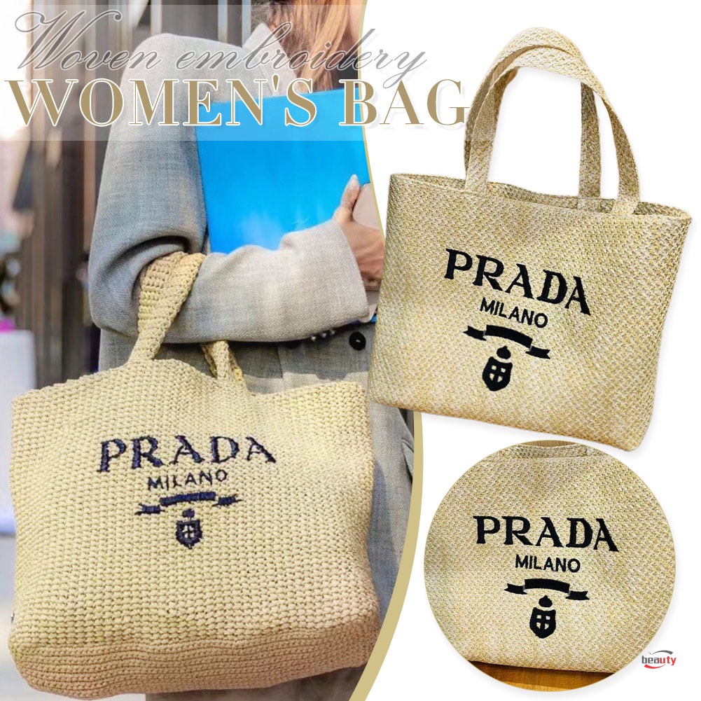 Prada-Bolsa De Ombro/Tote Feminina De Verão/De Praia/Tricô/Palha Retrô ...