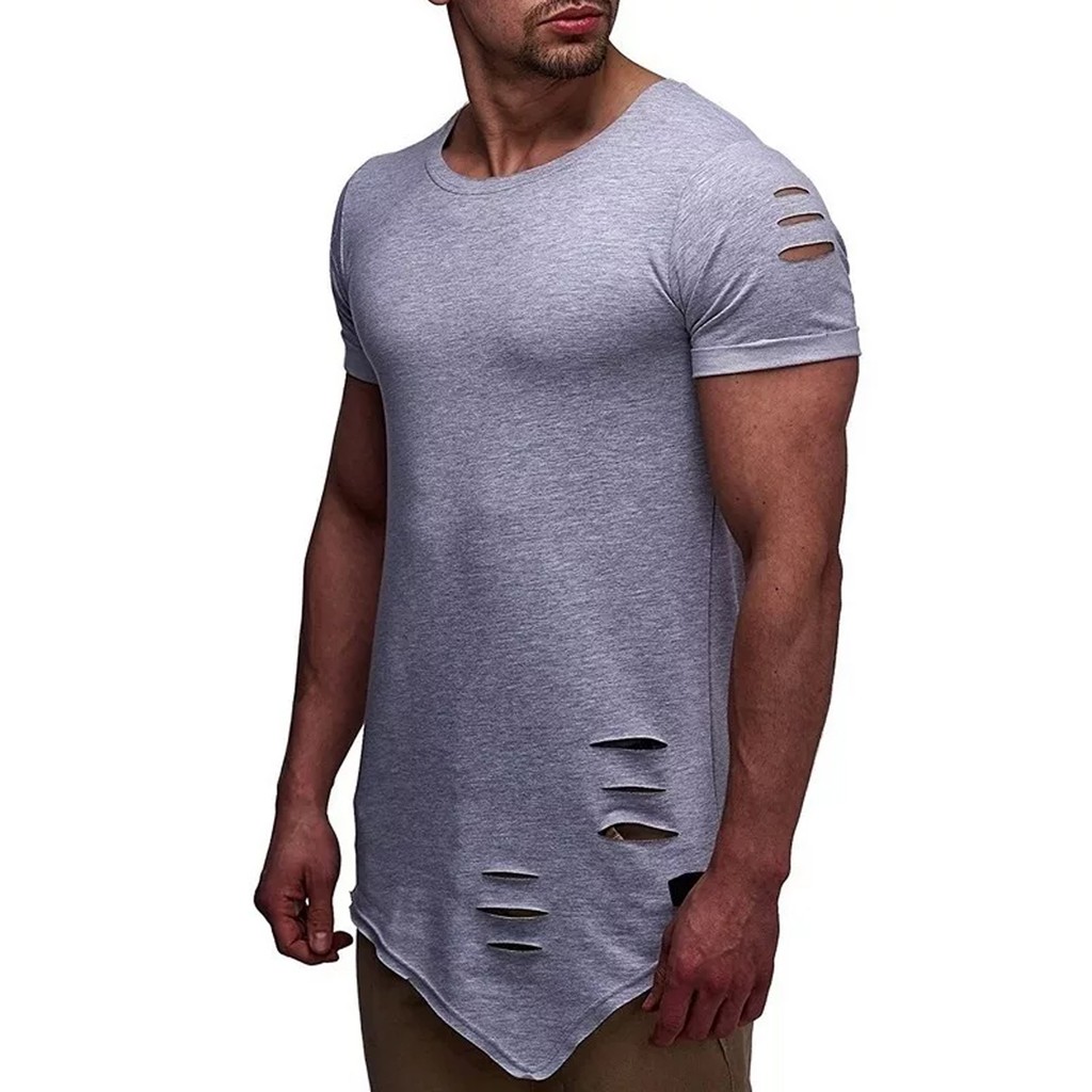Camisa Rasgada Destroyd Destroida Longline Oversized Bico X Cinza ...