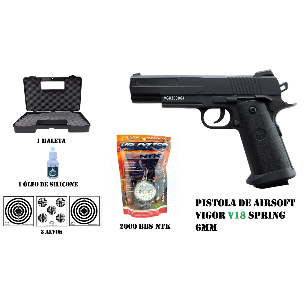 Pistola de Airsoft Vigor V18 Spring 6mm + Pacote BBs 0,12g + Maleta Kit ...