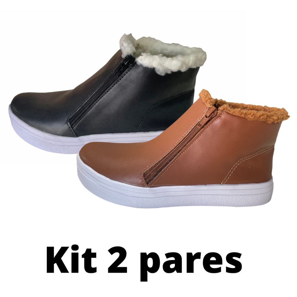 Botinha Feminina Cano Baixo Forrada com pelo Moda Quentinha KIR 2 PARES ...