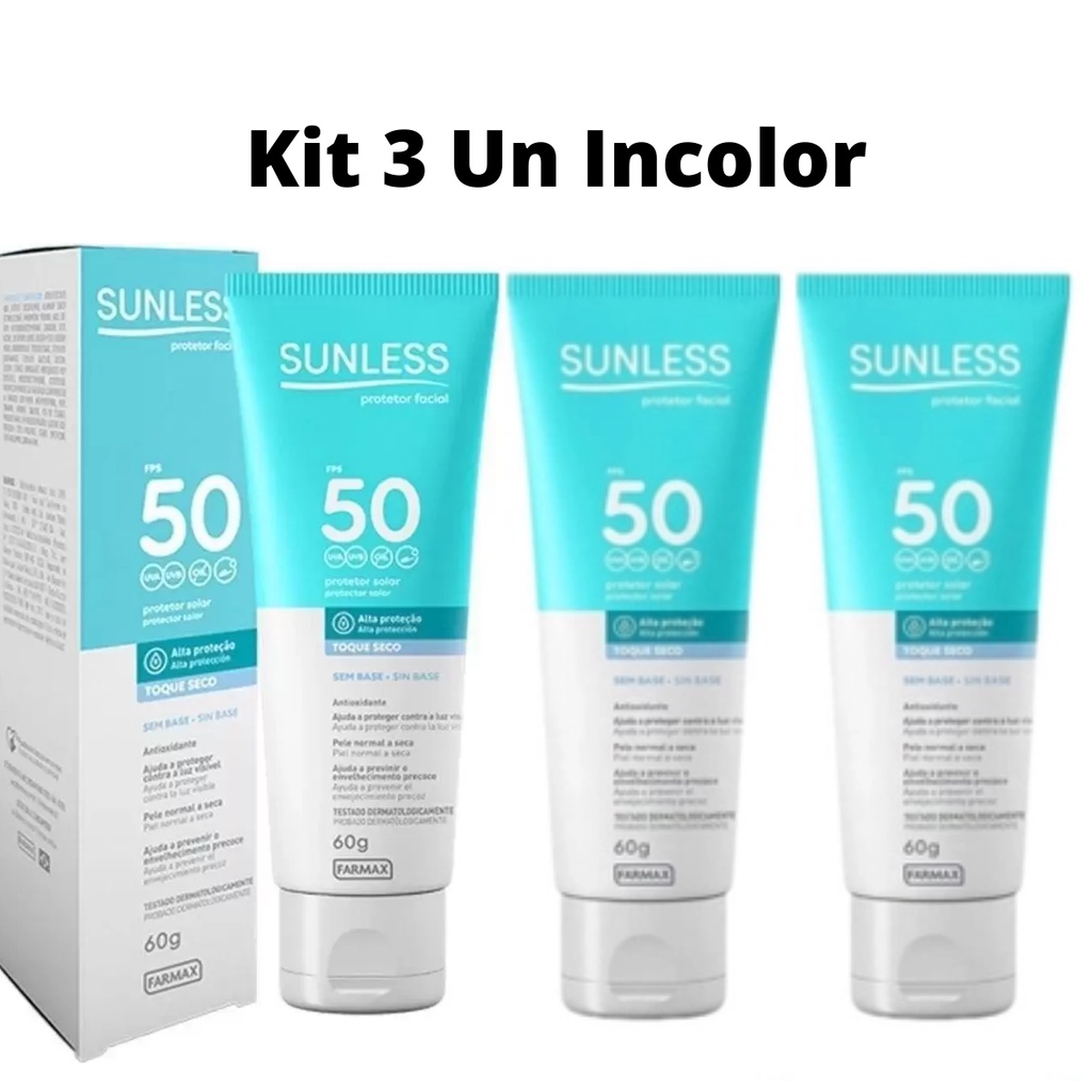 Kit 3 Un Protetor Solar Facial Sem Base Fps50 Sunless 60g Incolor ...