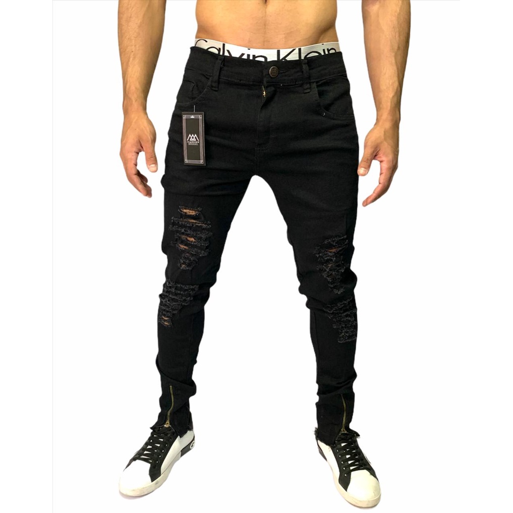 Calça Jeans Masculina Preta Azul Branca Rasgada Com Ziper Na Barra