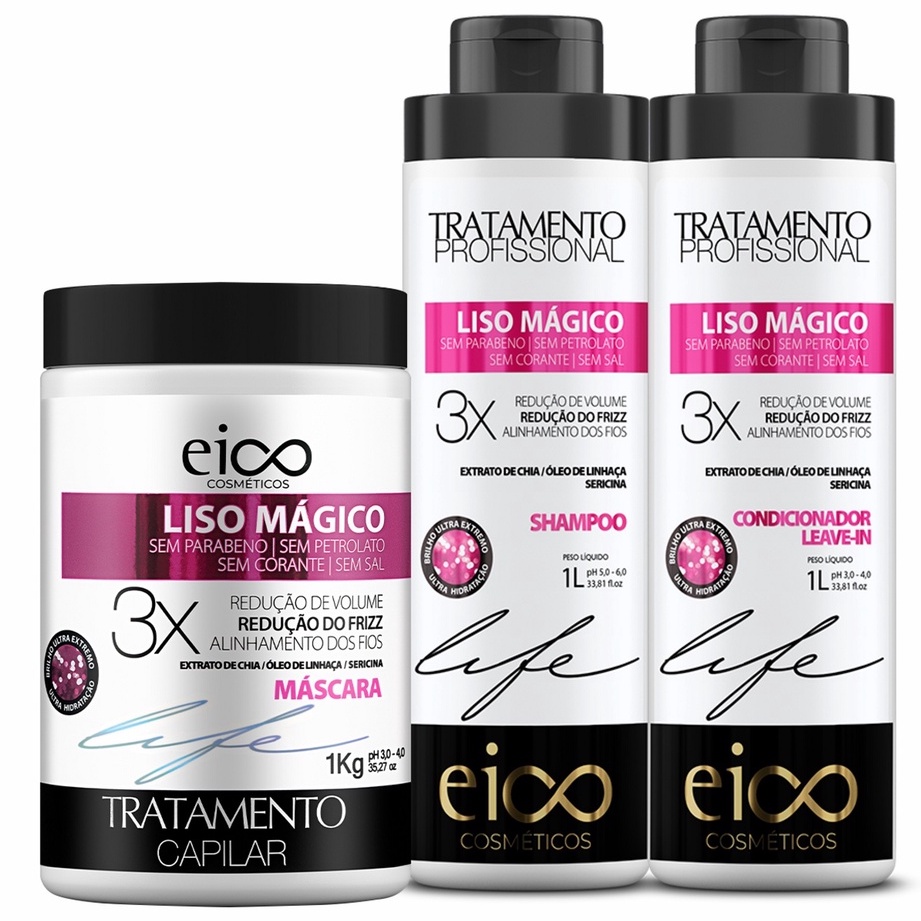 Kit Eico Shampoo Sem Sal e Condicionador Leave-in Liso Mágico 1l ...