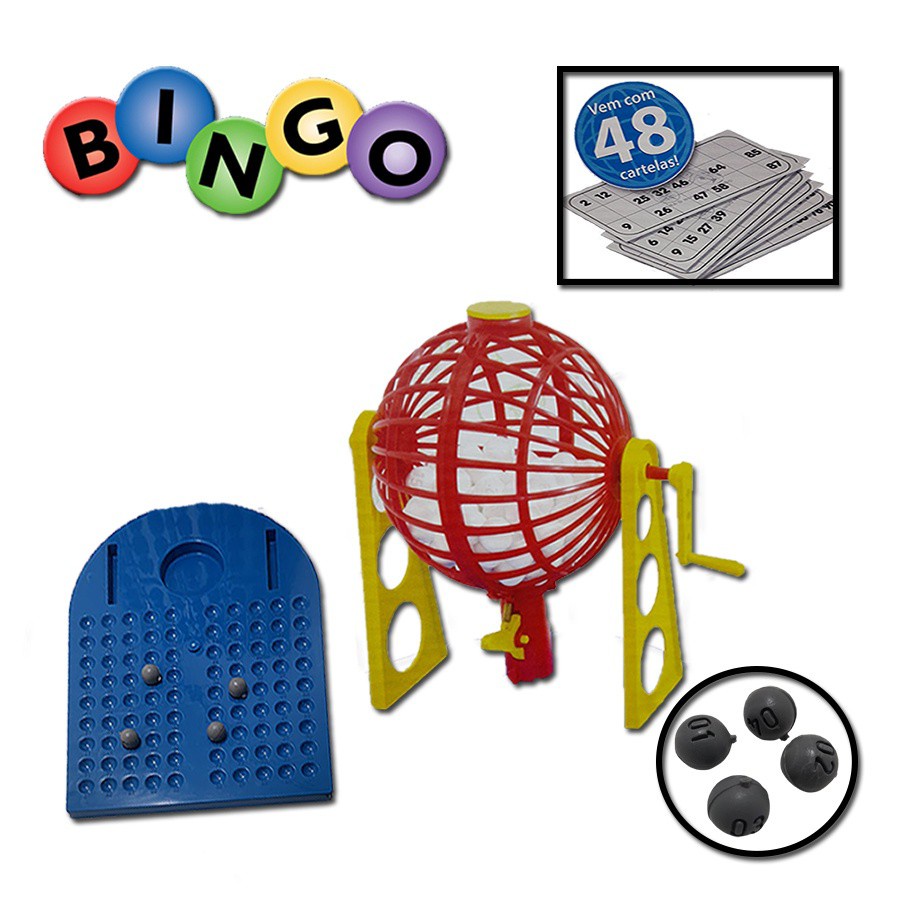 JOGO BINGO 48 CARTELAS 90 BOLINHAS GLOBO GIRATÓRIO BRINQUEDO INFANTIL ...