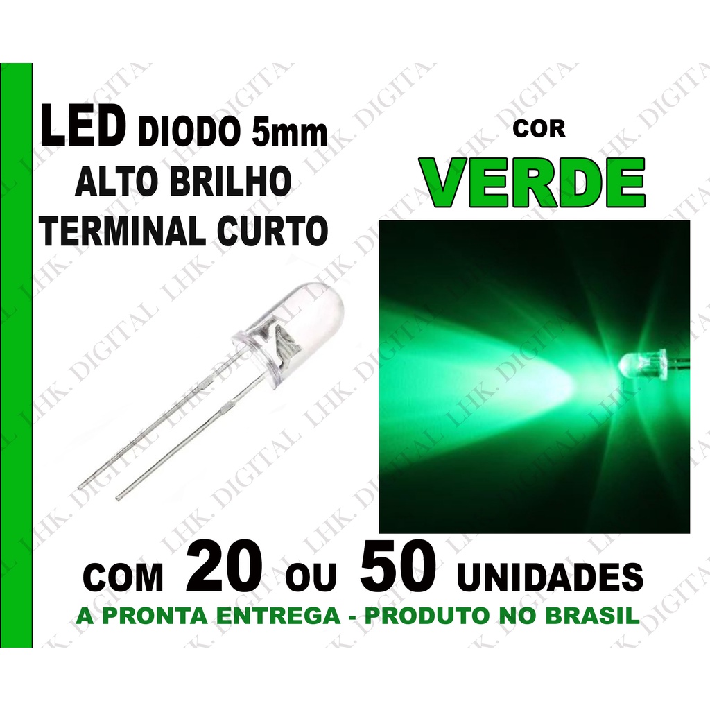 Led diodo 5mm transparente VERDE - Alto Brilho - Terminal curto ...