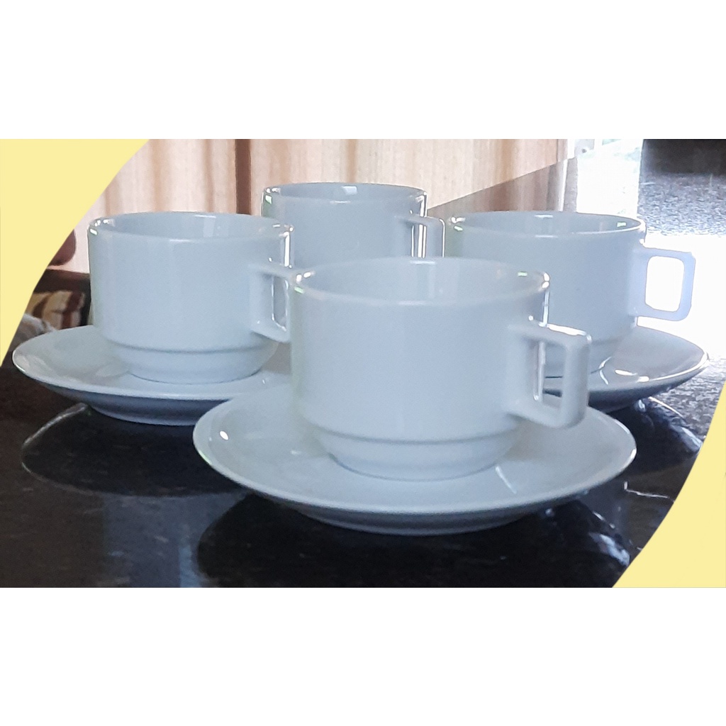Jogo 4 xícaras de Café e Chá com pires - 150 ml Empilháveis - Porcelana branca | Shopee Brasil