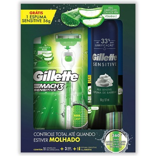 Kit Aparelho Mach 3 Sensitive Gillette + 3 Cargas + 1 Espuma Sensitive ...