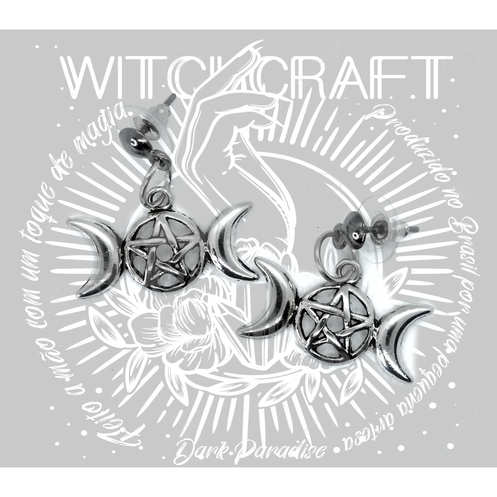 Brinco Triluna - lua triplice, deusa, wicca, fases da lua, pentagrama ...