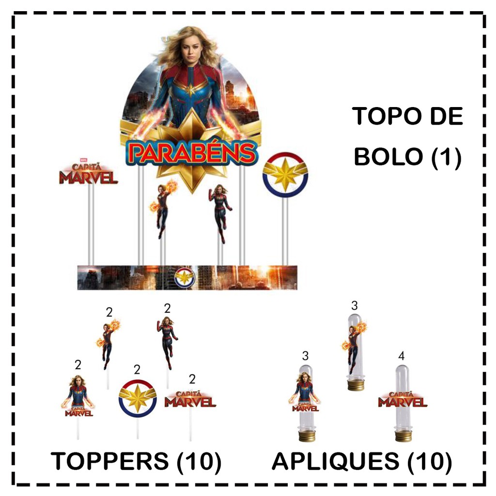 Topo de Bolo Capitã Marvel + Toppers para doces + Apliques para ...