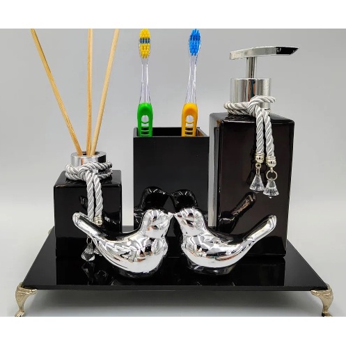 Kit Lavabo Luxo Square Preto Brilho com Porta Escova | Shopee Brasil