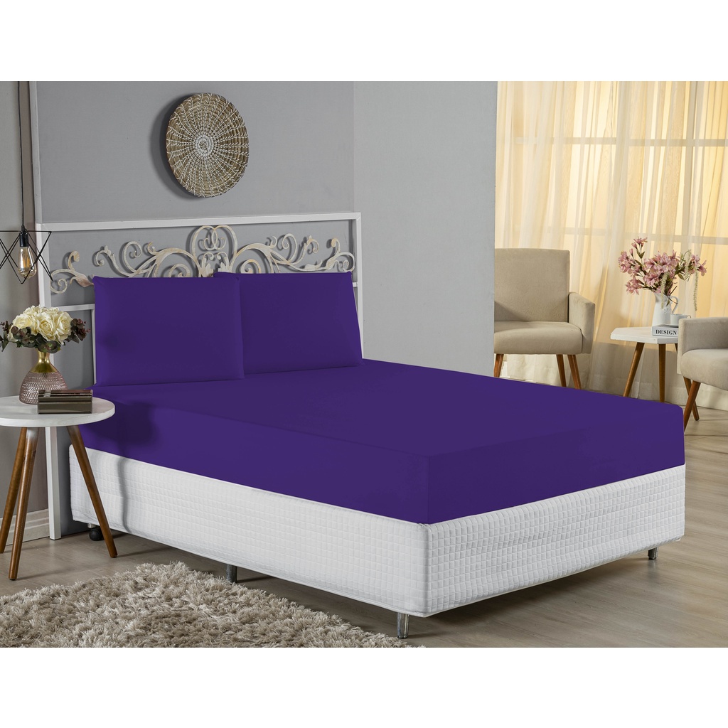 Jogo de Lençol Casal Queen com Elástico 100% Algodão Malha 3 Peças Roxo ...