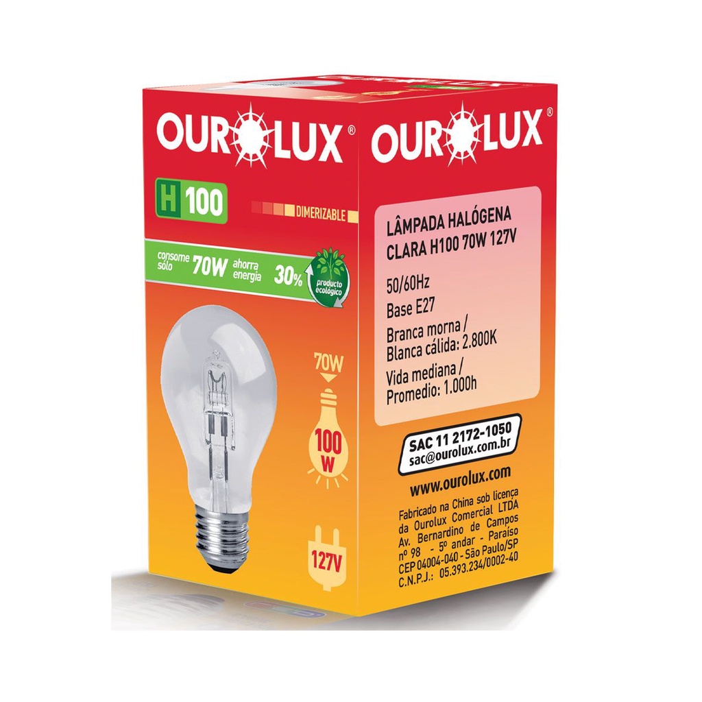 Lampada de Vidro Eco Halogena Clara H100 70w 127v Ourolux Branca Fria ...