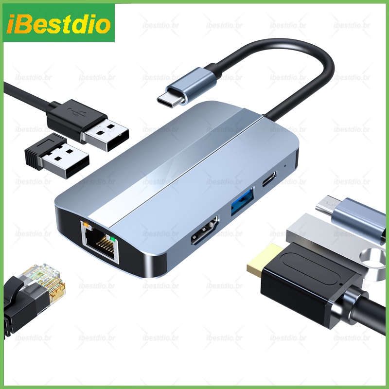 Hub Tipo C HDMI Compatível RJ45 Com TF SD Usb 3.0 Splitter Adaptador ...