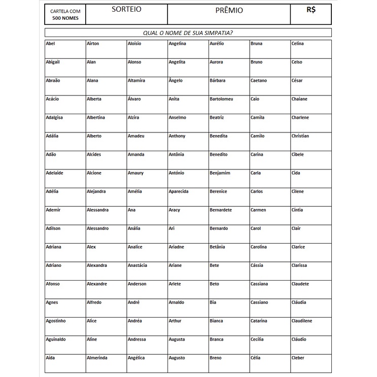Cartela de rifa com 500 nomes | Shopee Brasil