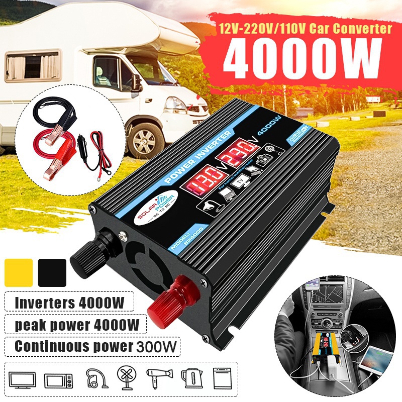 Inversor De Carro 4000W 300W 12V DC A 110V/220V AC Conversor De Energia LED Dual USB Puro Onda ...