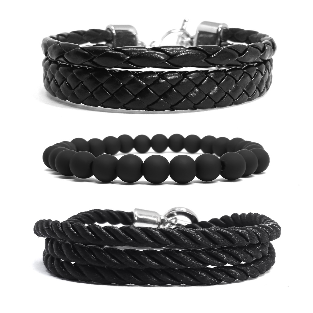 Kit 3 Pulseiras Masculinas Couro Preto Ônix Hematita 6mm - Corre Que Ta ...
