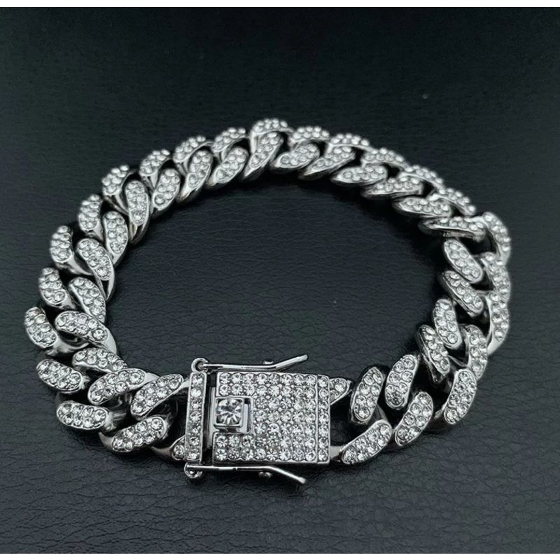 Pulseira Cravejada Ice Cuban Prata Trap/Funk/Hip-Hop + Saquinho de ...