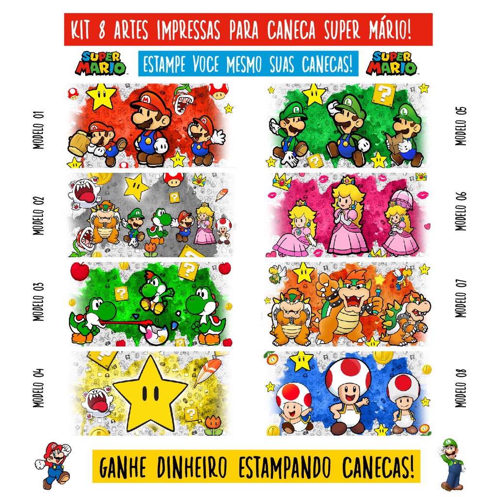 kit 8 artes impressas Super Mário (para estampar canecas!) | Shopee Brasil