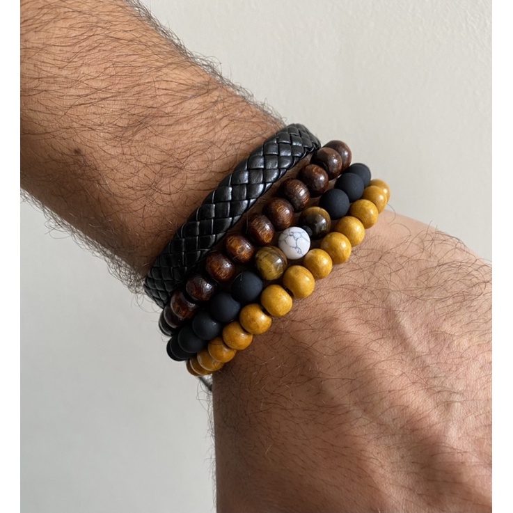 Kit 4 Pulseiras Masculina Couro Madeira Preta Fosca Emborrachada Pedra ...