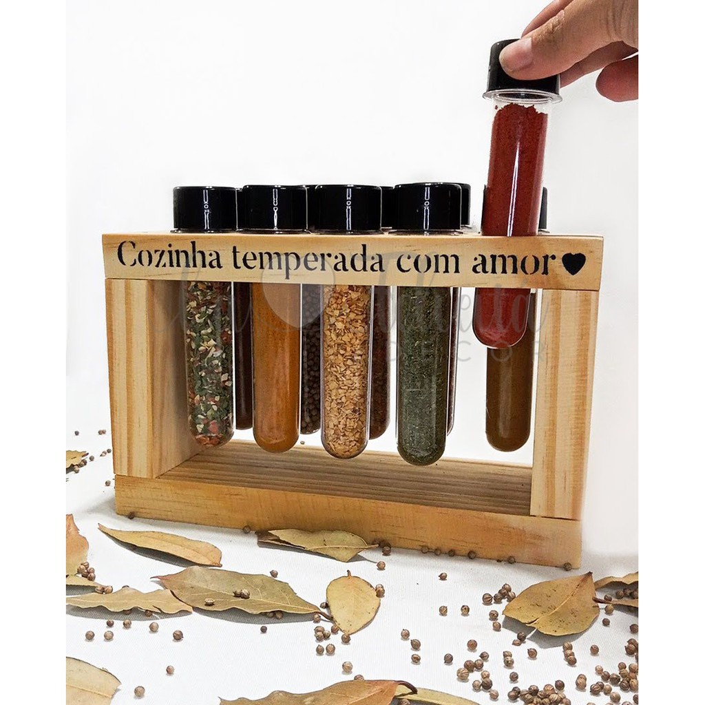 Porta Temperos com 10 tubetes "Cozinha Temperada com Amor" + BRINDE ...