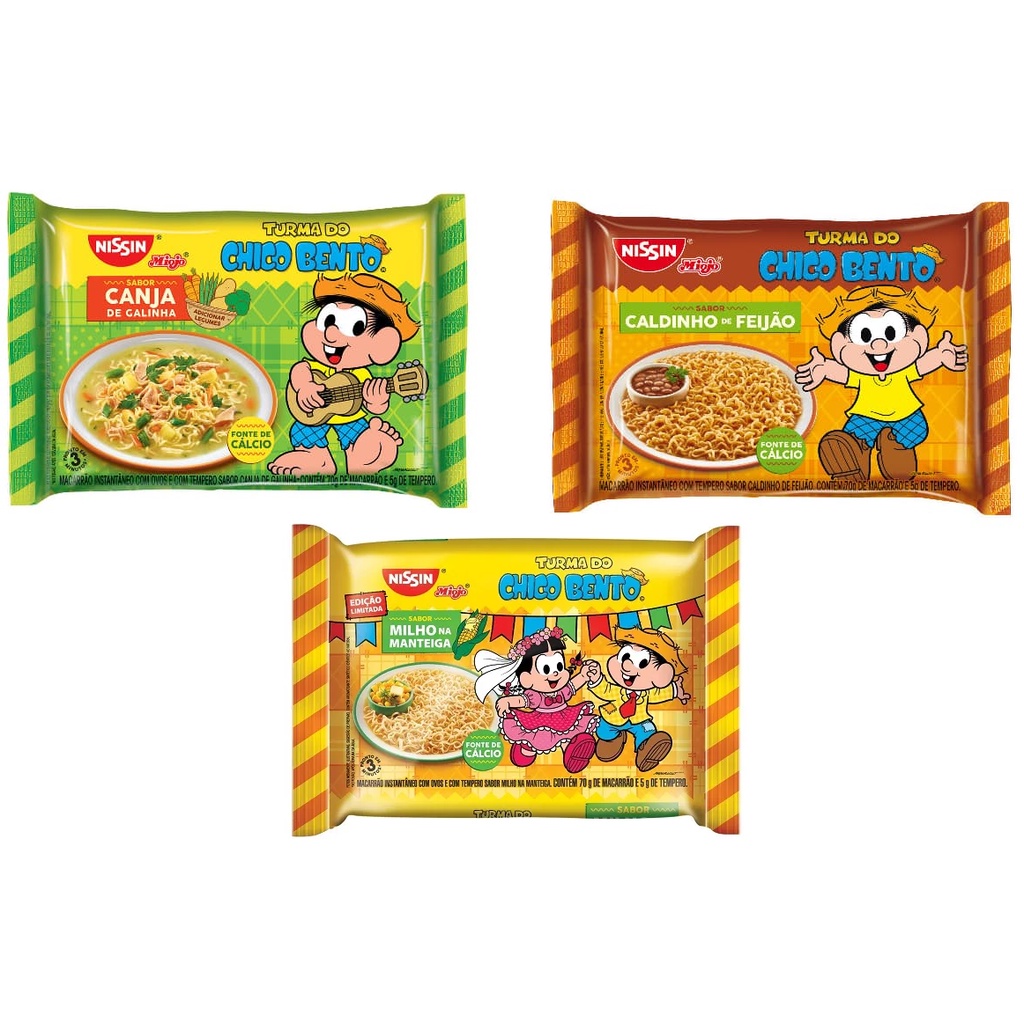 Nissin miojo Chico Bento, canja de galinha, caldinho de feijão, milho ...