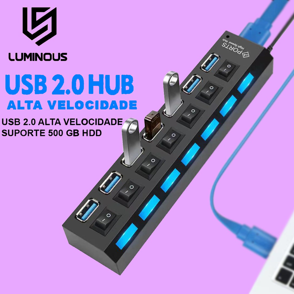 Hub Usb 2.0 7 Portas Pen Drive Teclado 480mbps Hd | Shopee Brasil