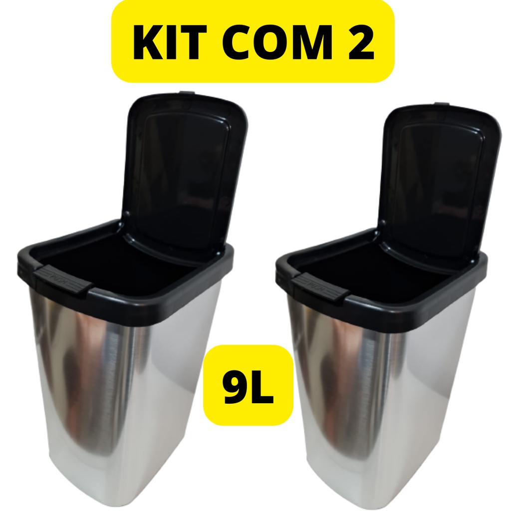 Kit Com 2 - Lixeira Click Label - Cesto De Lixo - 9 Litros - Multiuso ...