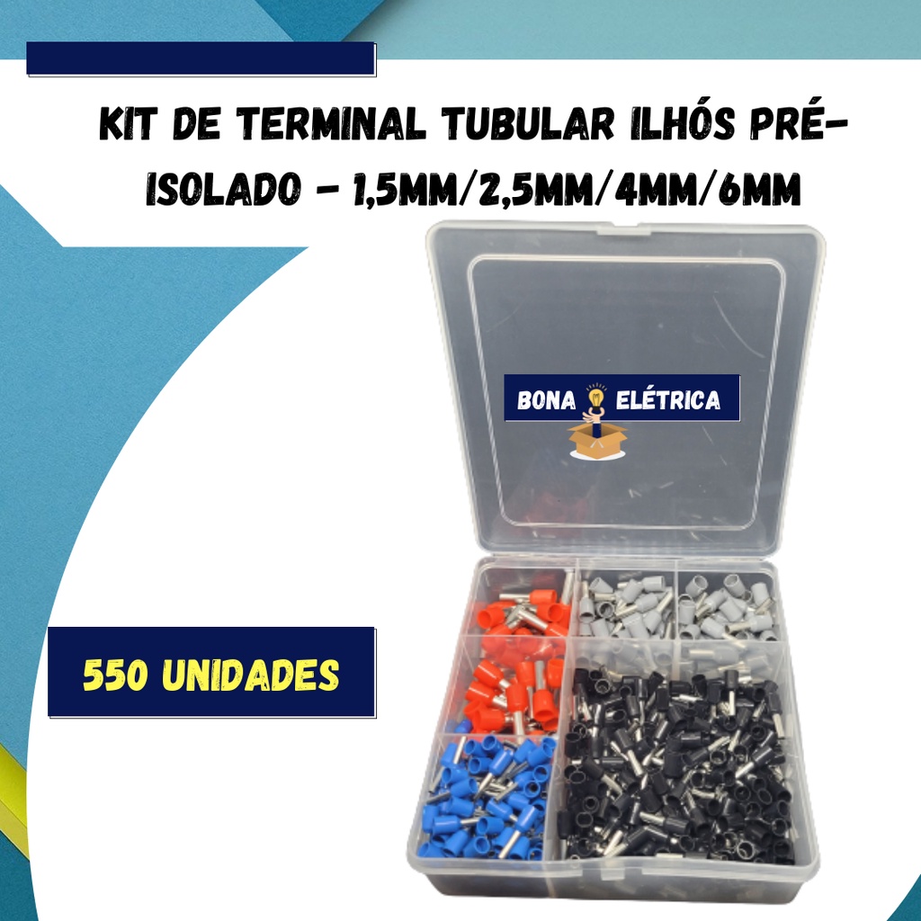 Kit de Terminais Elétricos Ilhós Tubular Fio Eletricista 1,5mm 2,5mm ...