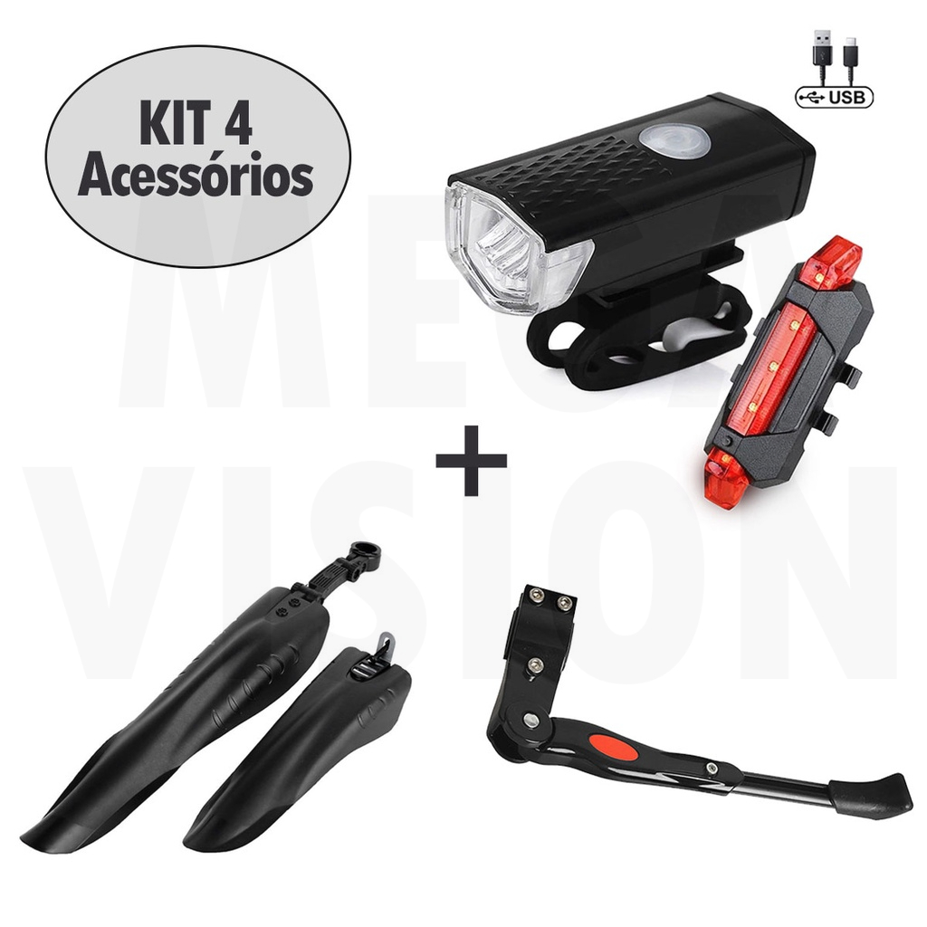 Kit Pezinho De Bike Descanso Lateral Aro 20 29 + Par De Paralamas Para Bike Aro 26 29 + Farol ...