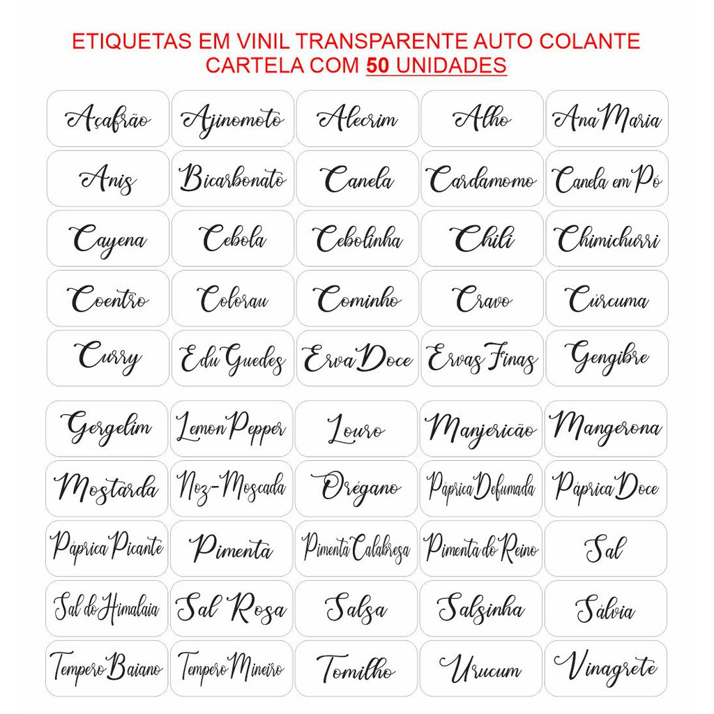 Cartela de adesivos com nome de temperos 50 nomes | Shopee Brasil