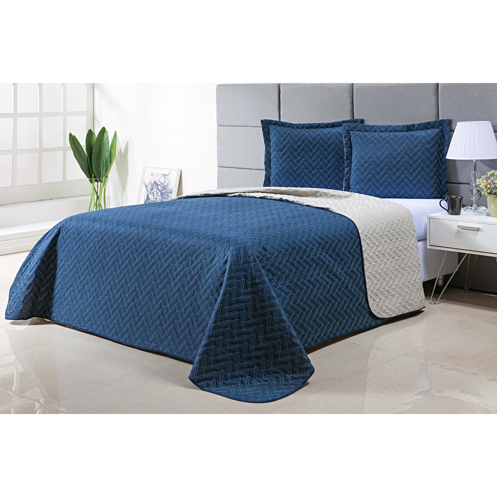 Kit Cobre Leito Real Dupla Face 3 Peças King/Azul Marinho e Palha ...