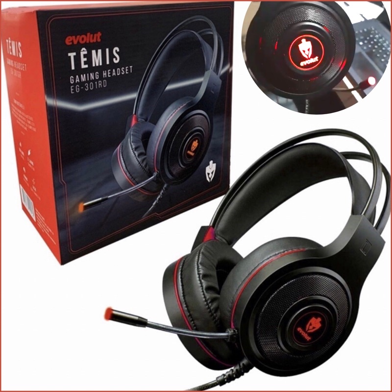 Headset Gamer over-ear Evolut Têmis EG301 preto e vermelho com luz LED ...