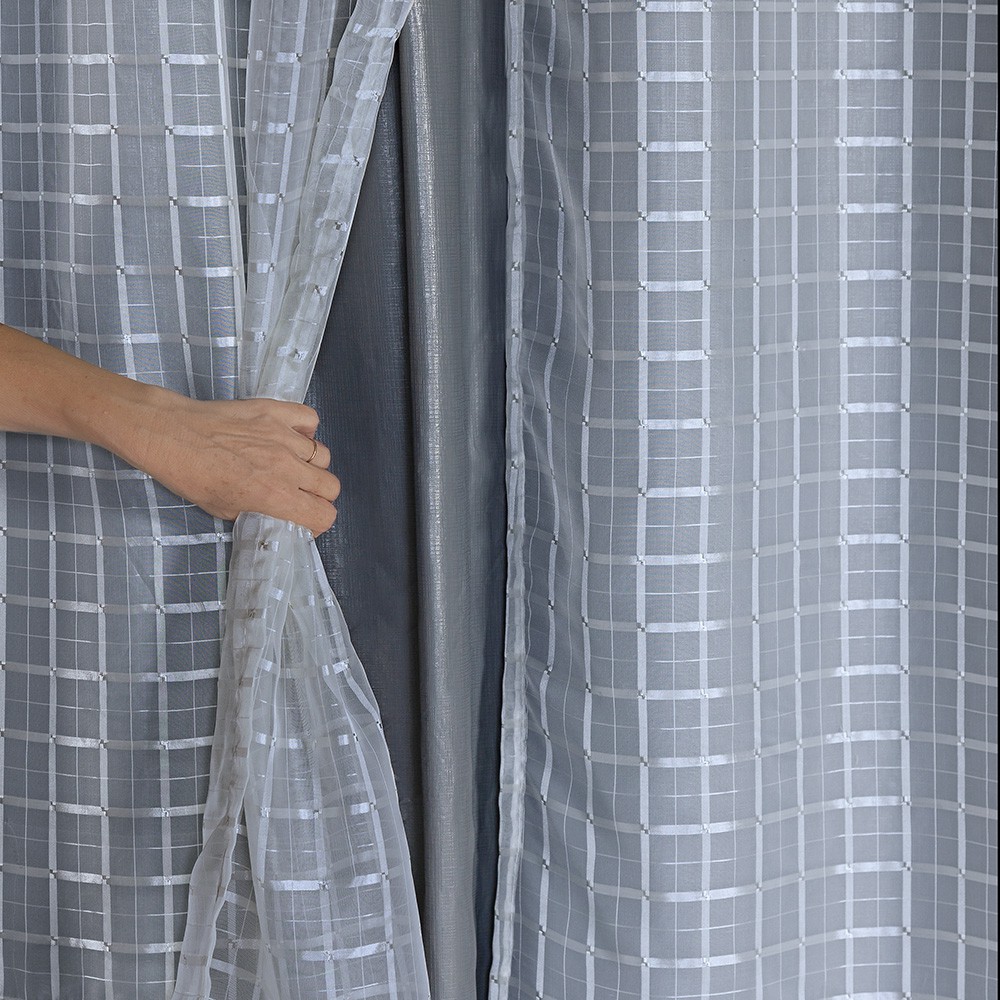 Cortina Para Sala E Quarto Blackout Prata Com Voil Xadrez 2 80 M X 2 30