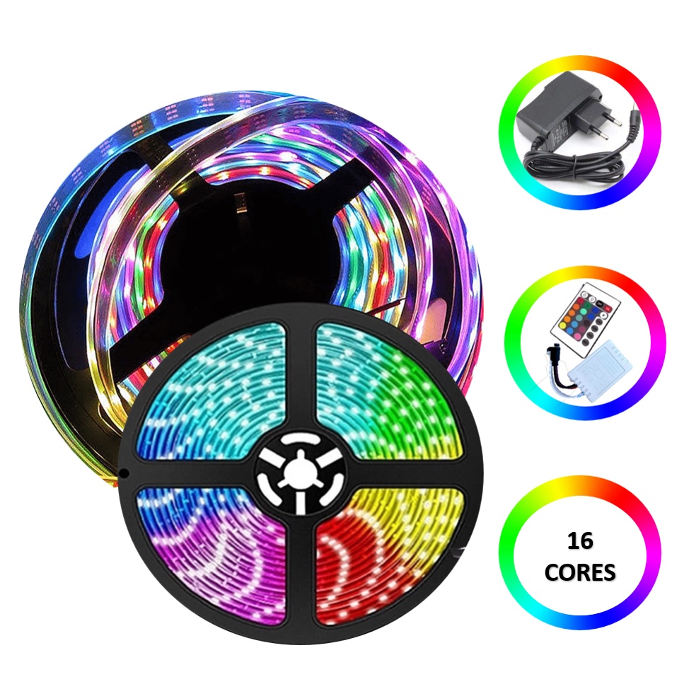 Fita Led Rgb 5050 Rolo 5m Ip65 Prova D'água + Controle 633 + Fonte ...