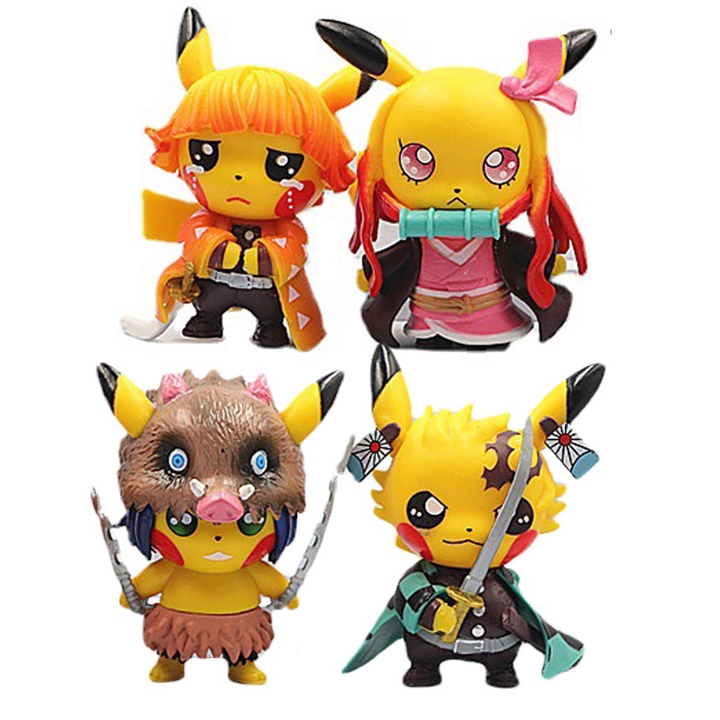 4 peças Demon Slayer Pikachu Cosplay Anime Figuras Kit Kimetsu No Yaiba ...