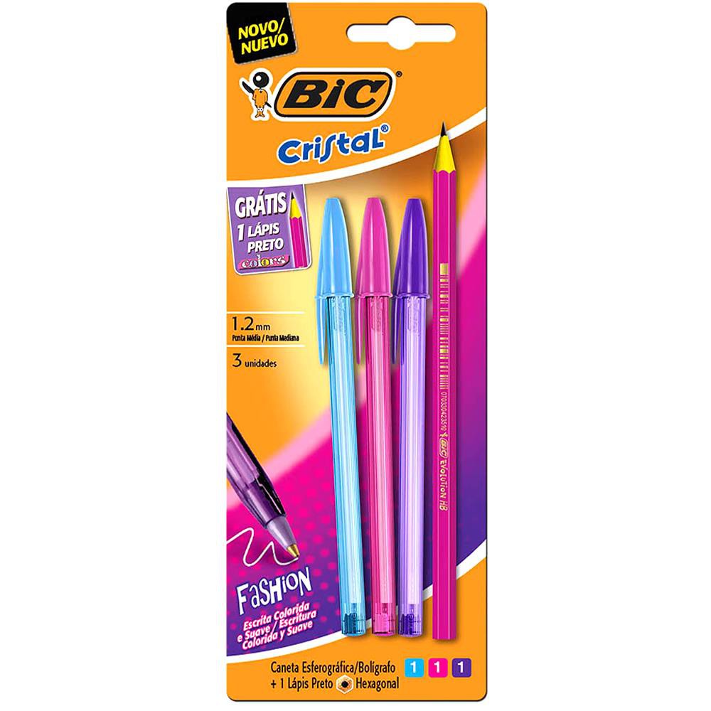 Kit Caneta Esferográfica Bic Colorida c/3 + Lápis Preto. Volta as aulas ...