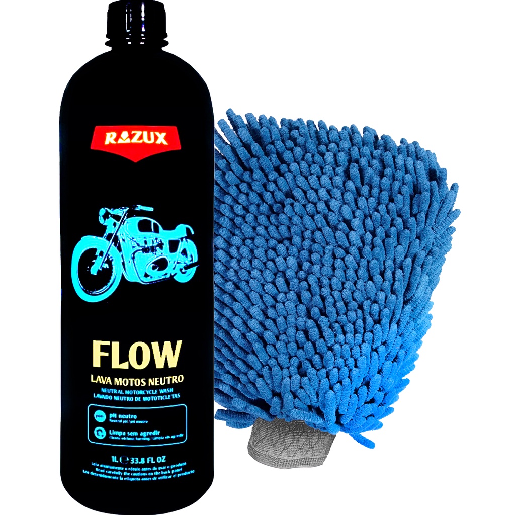 Lava Motos Flow 1L Razux Shampoo Neutro + Luva de Microfibra Karbox ...