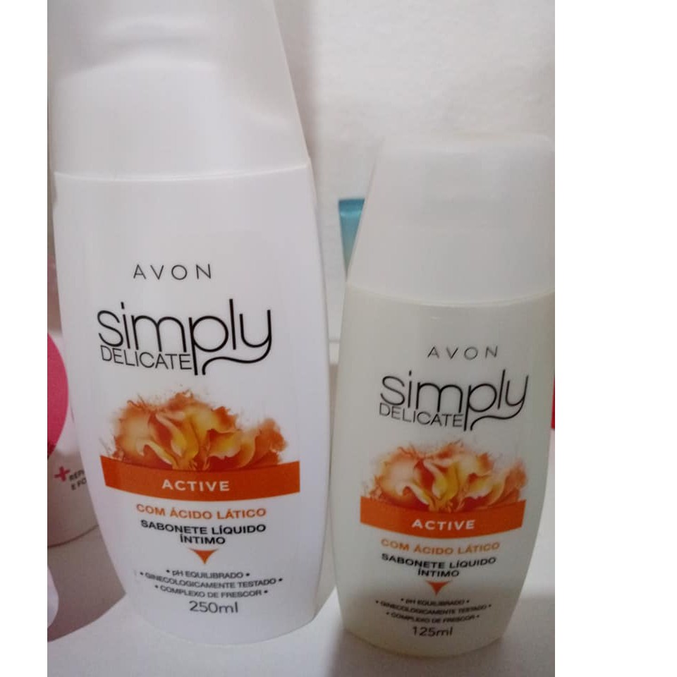 2× Sabonete Líquido íntimo 250 ml+125 ML Simply Delicate Active Avon ...