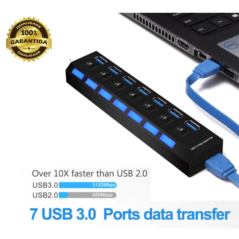 Hub Usb 3.0 Hi-speed 7 Portas Botão Individual e Led indicador | Shopee ...
