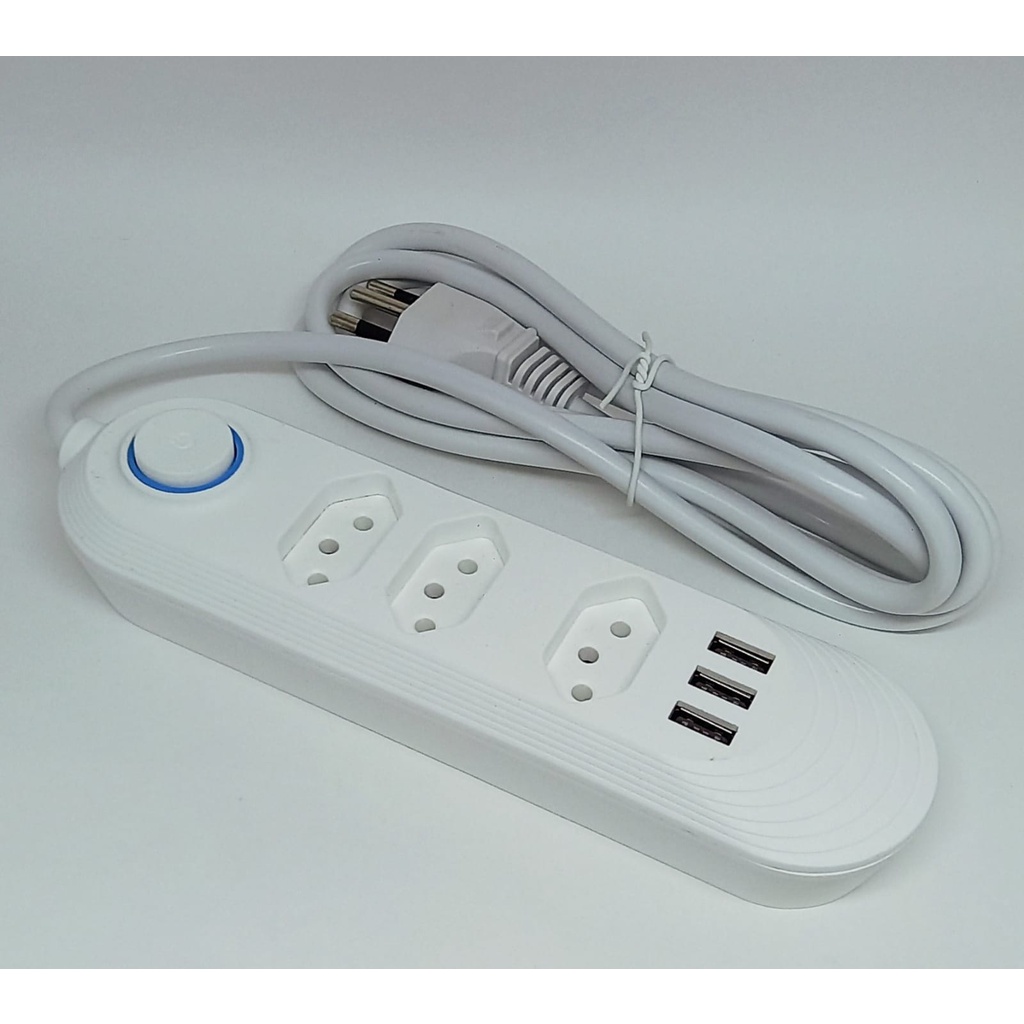 Filtro de Linha Extensão Elétrica 2m com 3 Tomadas e 3 Entradas USB Botão Liga e Desliga – Régua ...