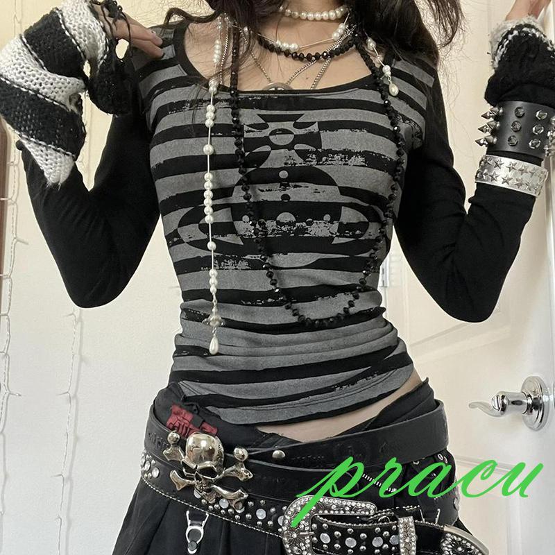 Pracu-Mulheres Fada Grunge Tricotado Camisa Básica Outono Y2K Cinza ...