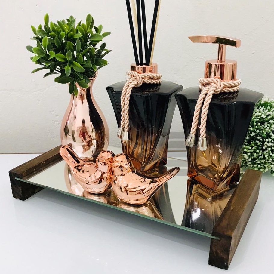 Kit Lavabo Elegance - Bandeja Retro Conjunto Decorado Vidros Preto Rose ...