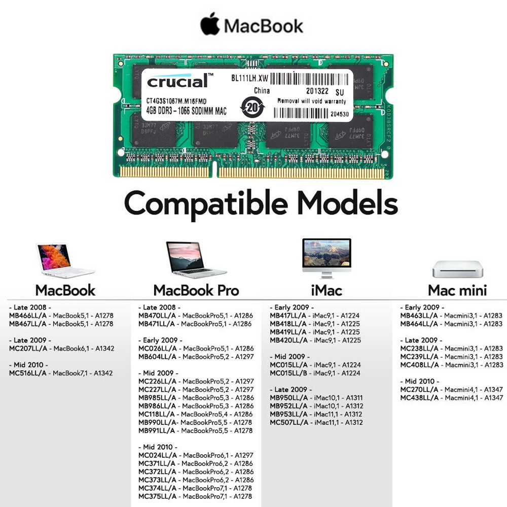 New Crucial 4gb DDR3 1066MHz PC3-8500S Apple Macbook Pro Imac Mac Mini ...