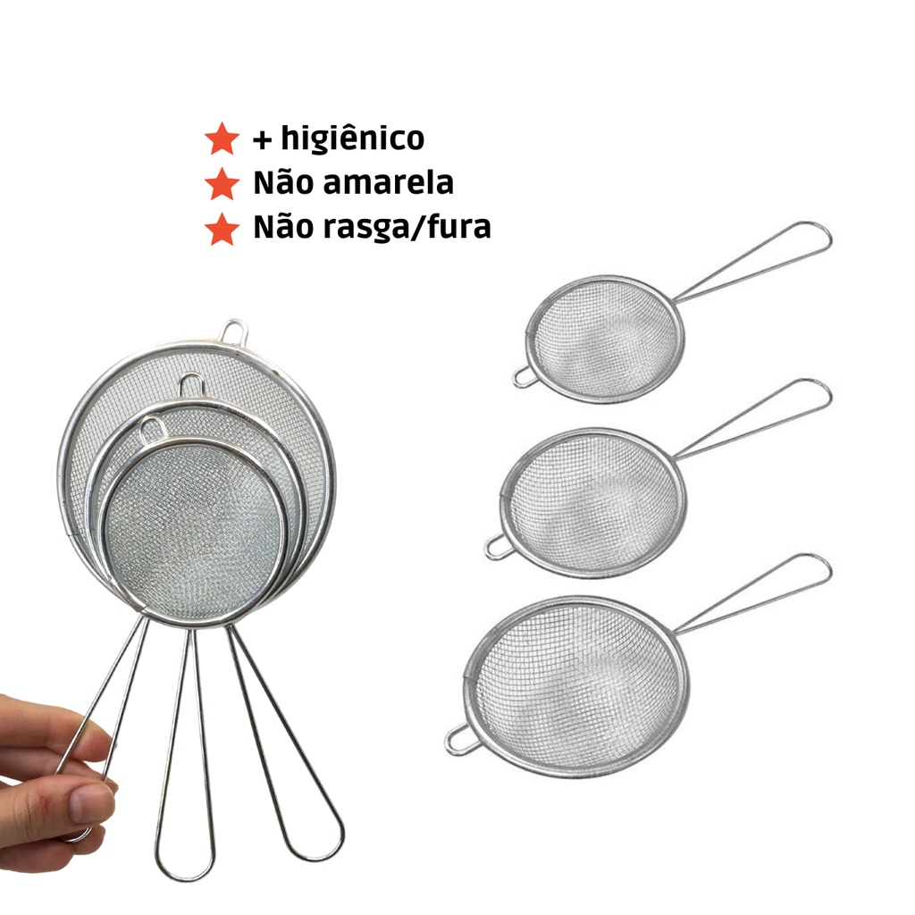 Peneira Inox Fina De Cozinha Kit 3 Peneiras Inox Coador Fino | Shopee ...