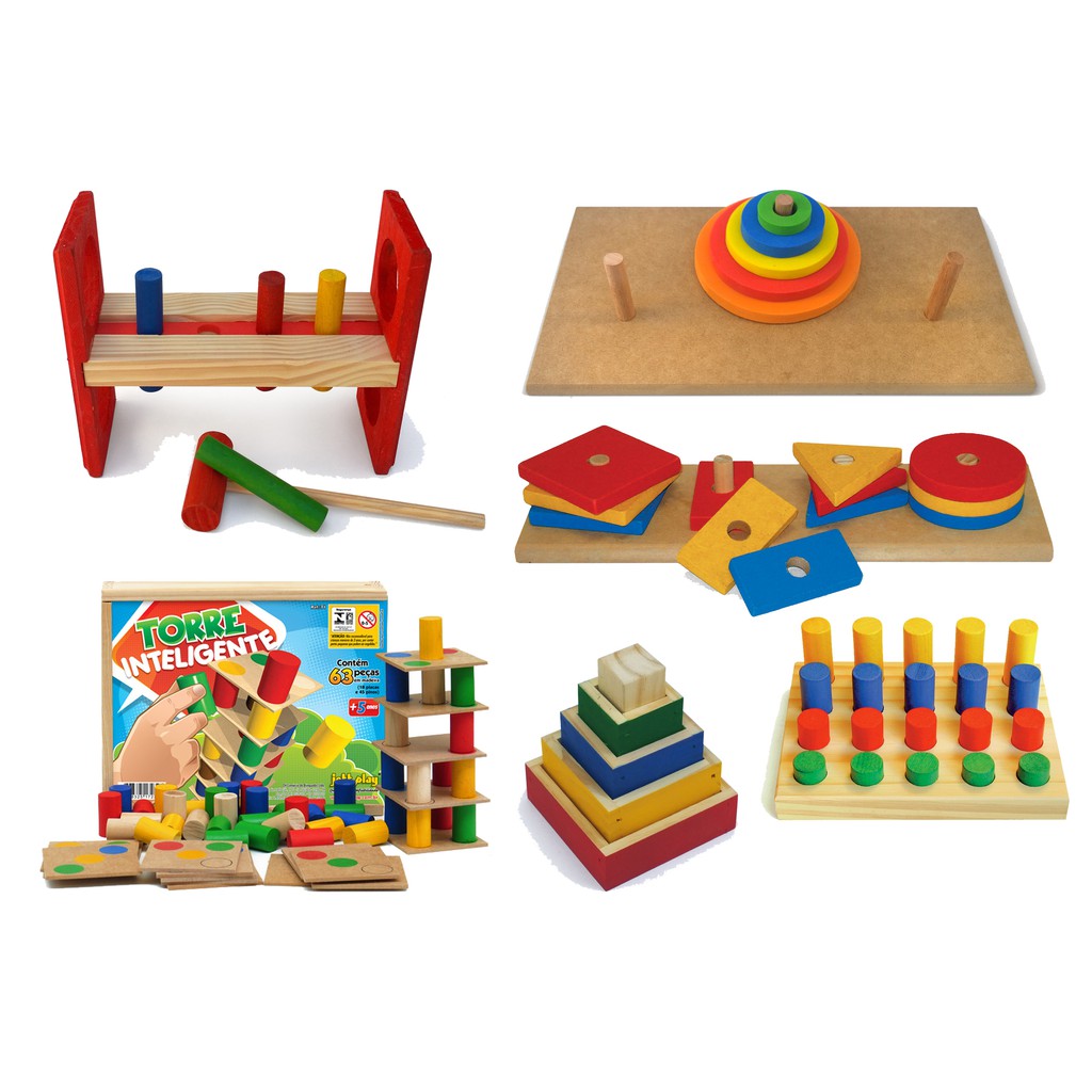 Conjunto Com 6 Brinquedos Educativos Pedagógicos Madeira (Bate Pinos, Jogo de Pinos, Cubo de ...